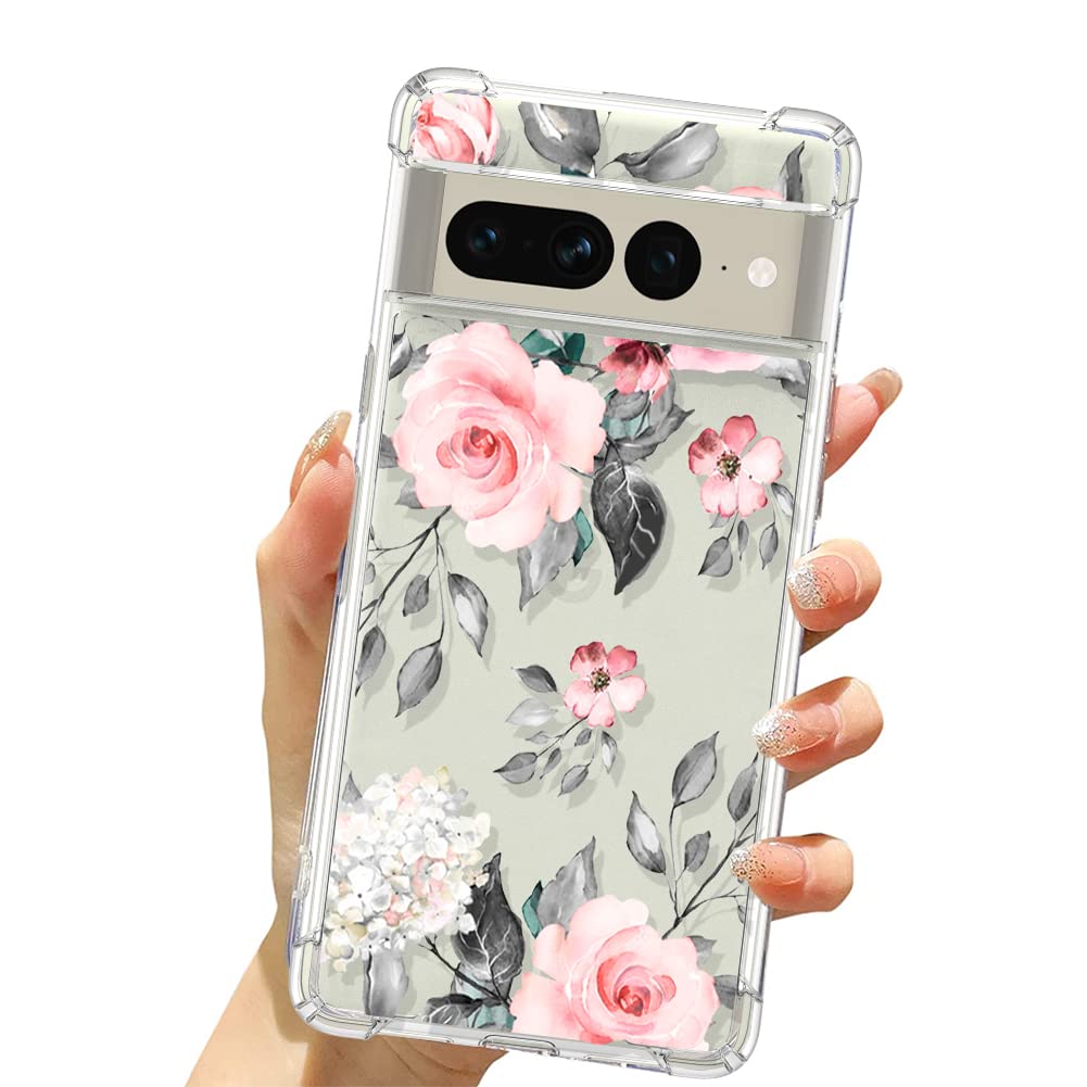 KANGHAR Compatible with Google Pixel 7 Pro Case,Clear Floral Shockproof Drop Protective Girls Women Hard Case with TPU Bumper Cover Phone Case-Pink Rose