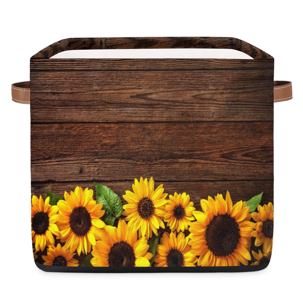 KOBLEN Sunflower Vintage Square Storage Basket Collapsible Storage Box Clothes Basket 13x13 Inch Large Cube Storage Bin With PU Leather Handle for Home Office Closet Shelves