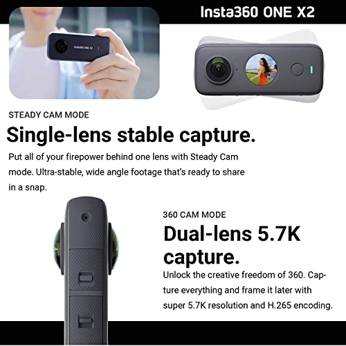 Insta360 ONE X2 360 Camera with Touchscreen - 5.7K30 360 Video, Front Steady Cam Mode, 18MP 360 Photo + InstaPano | Bundle Includes Invisible Selfie Stick (120cm) & 128GB Memory Card (3 Items)