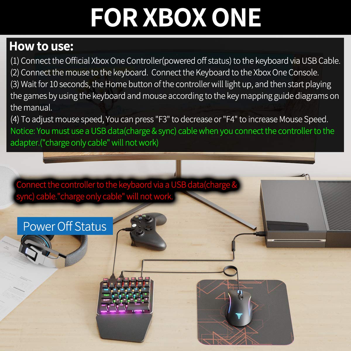 IFYOO KMAX1 Pro Wired Gaming Keyboard and Mouse Set Adapter Converter for Xbox One / PS4 / Switch / PS3 / PC(Windows/Linux) - [Included USB Sync Cable for Controller]