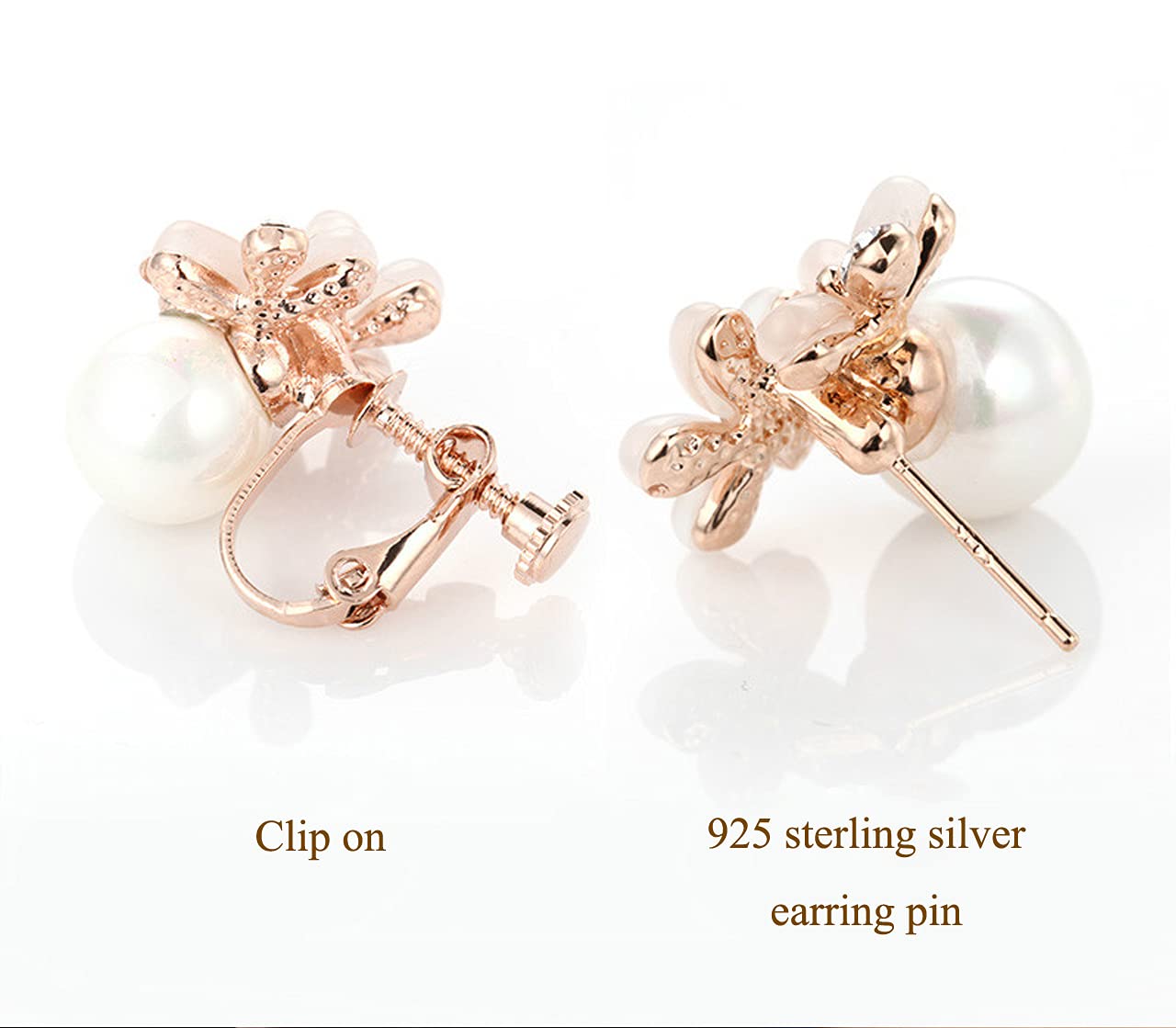 JewelryLand Soft Pink Cat Eye Stones Flower White Simulate Pearl Clip-On Cluster Earrings