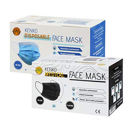 Kenko 50pcs Disposable 4-Ply Face Masks Blue & 50 pcs 4-ply MEDICAL Face Masks Black, Breathable & Comfortable Filter Safety Mask, Protective