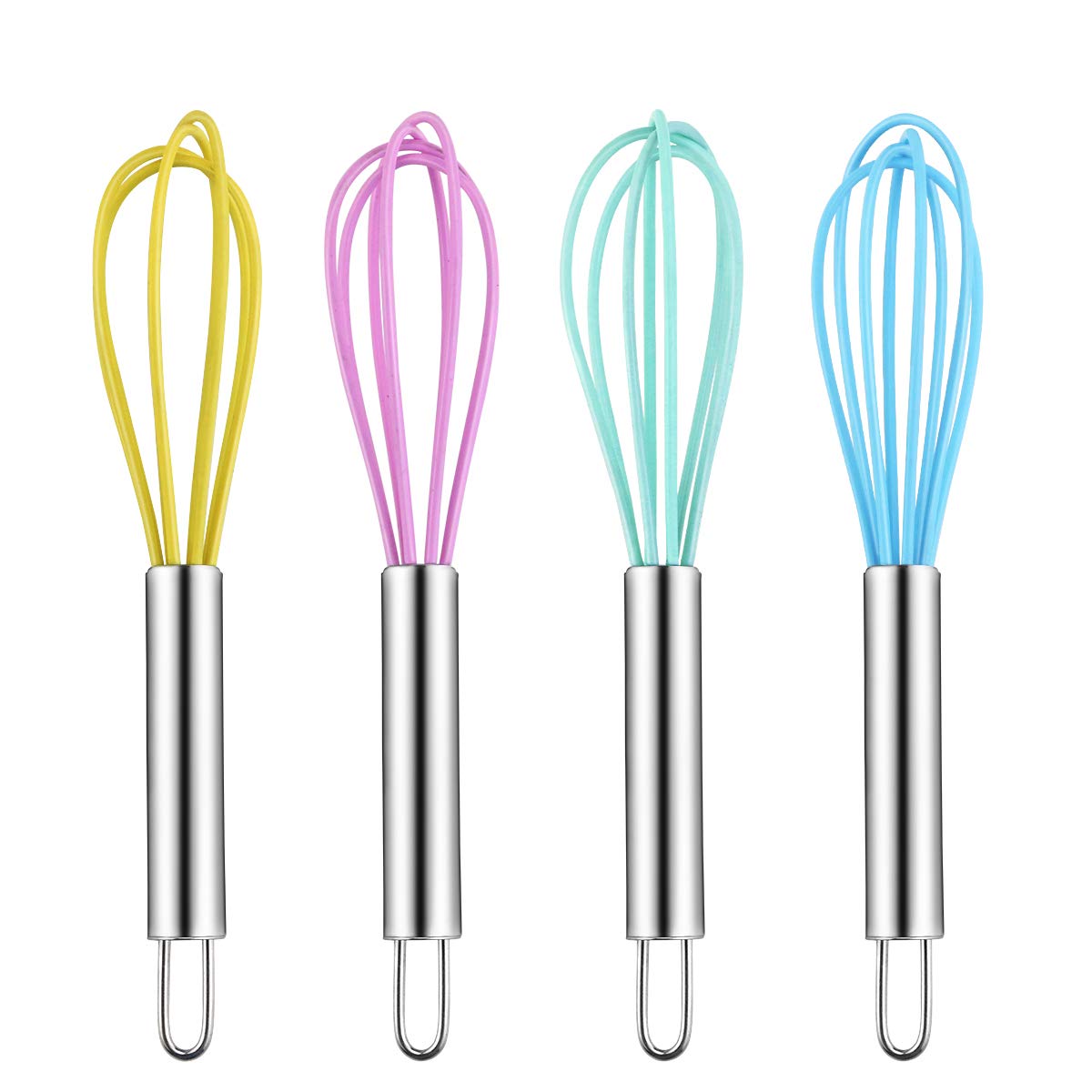 Newbested 4 Pack Colorful Mini Silicone Kitchen Whisks with Stainless Steel Handles for Milk Egg Blending Stirring Whisking and Beating(4 Colors,6 Inches)