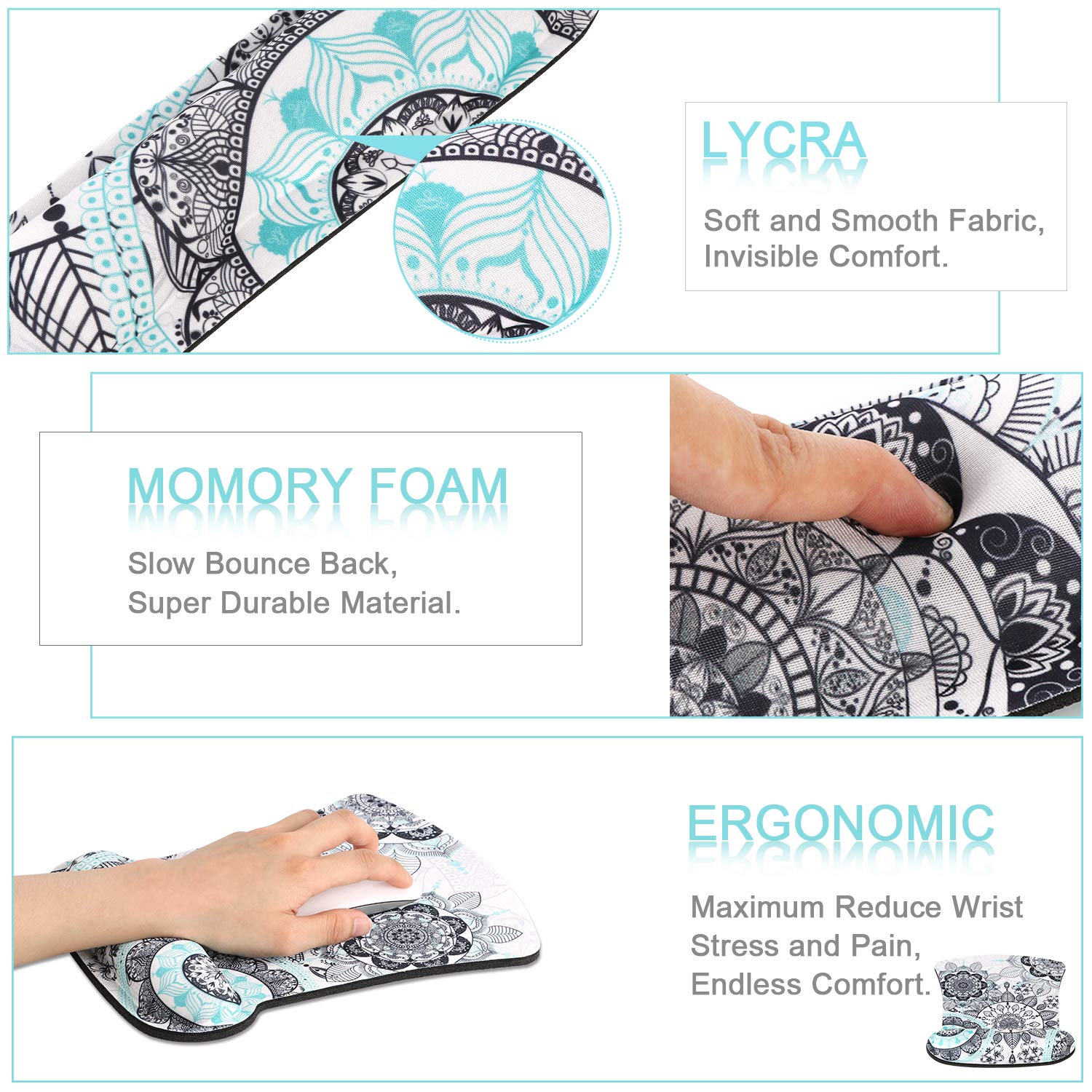 iLeadon Keyboard Wrist Rest Pad and Mouse Pad Wrist Support, Non Slip Rubber Base Mousepad Set, Wrist Support with Ergonomic Raised Memory Foam for Easy Typing & Pain Relief, Mandala Flowers
