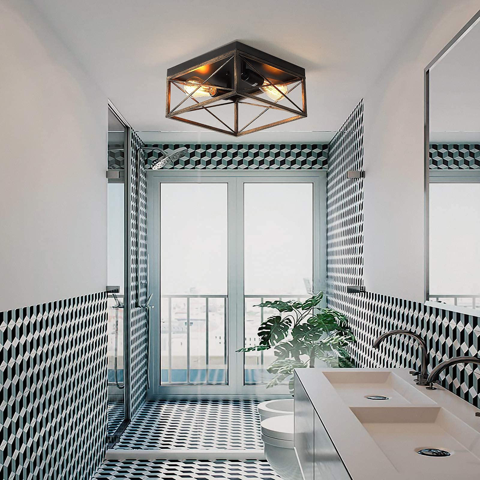 KDG Flush Mount Industrial Ceiling Light ,Adjustable,with Square Metal Cage Shade Ceiling Lighting for Entry Hallway Bedroom Bathroom.2 Lights,Faux Wood Finish