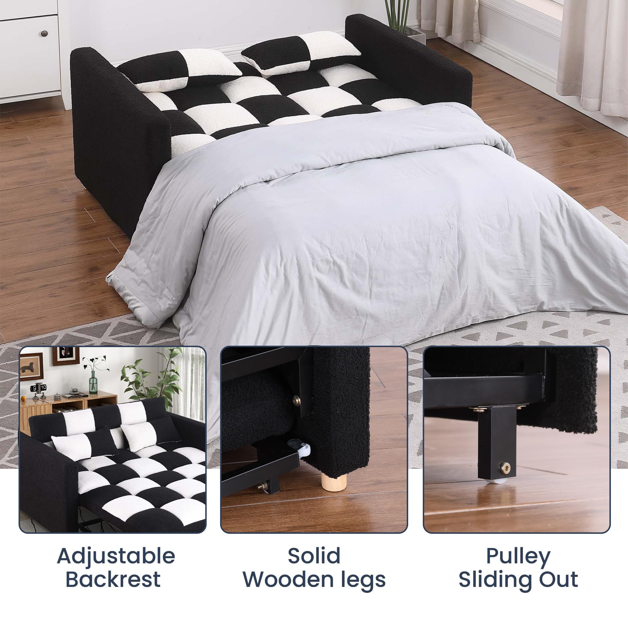 SumKea 52.76'' Convertible Teddy Sleeper Sofa Couch, Modern 3-in-1 Loveseat with Adjustable Backrest, 2 Pillows, Lounge Sofa, Couches for Living Room, Apartment, Black White