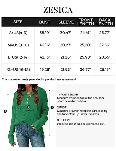ZESICA Women's 2023 Casual V Neck Sweater Loose Long Sleeve Waffle Knit Button Henley Pullover Jumper Top,Green,Small