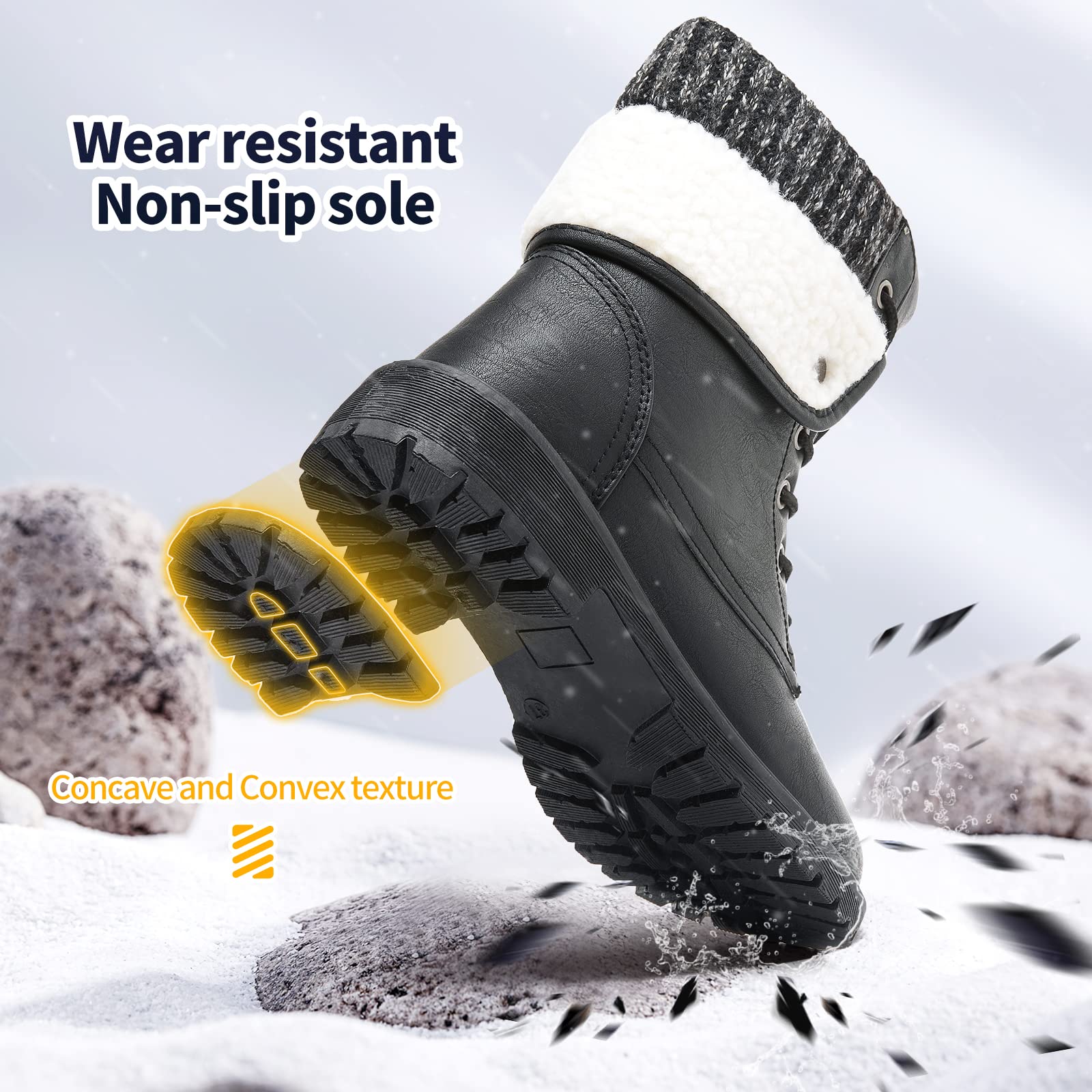 hash bubbie Women's Waterproof Winter Boots Black Combat Boots Mid Calf Snow Boots PU Leather Boots Lace up Fur Lined Ankle Booties(Black.US9)