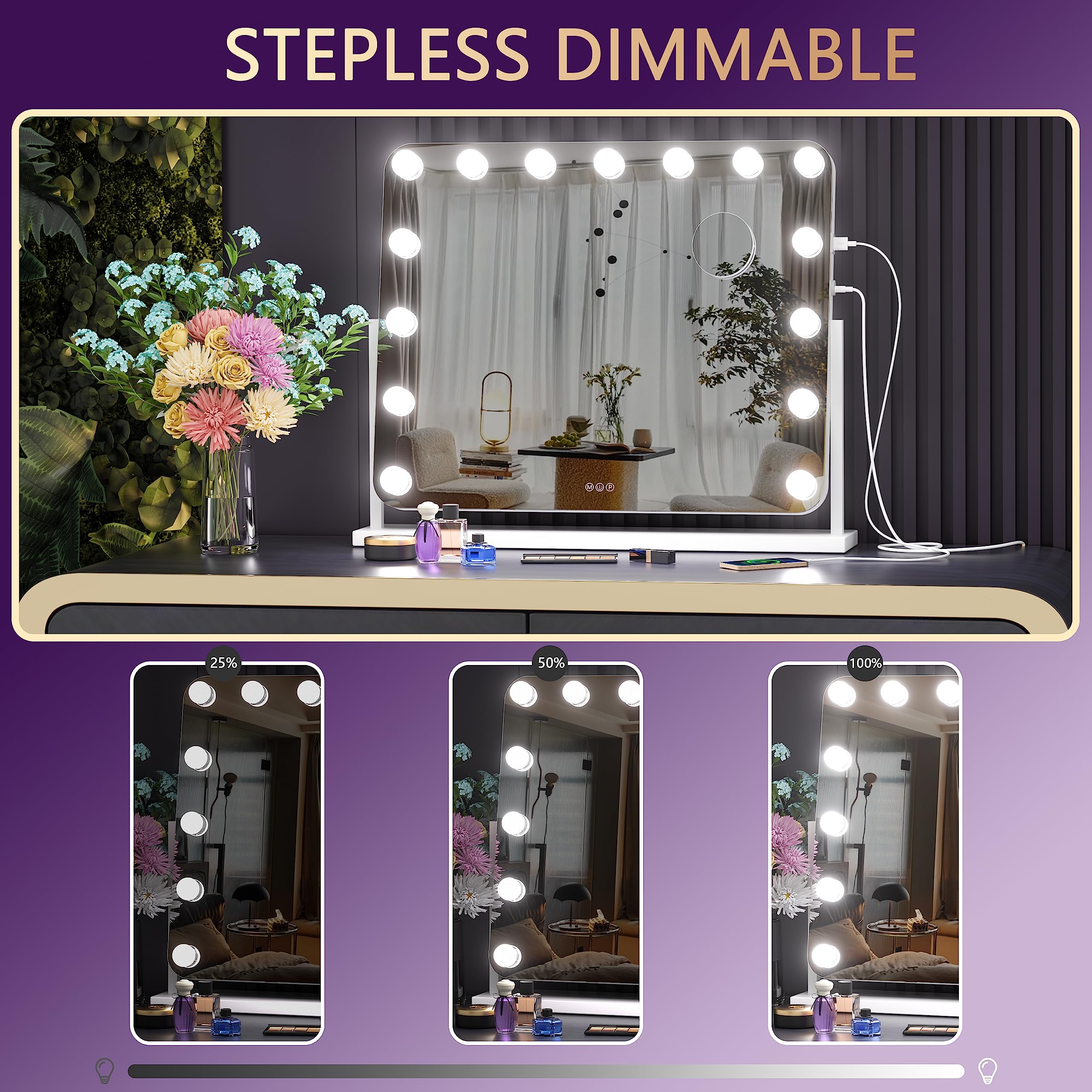 Hasipu Vanity Mirror with Lights, 22" x 18" Hollywood Lighted Makeup Mirror with 15 Dimmable Bulbs, 10X Magnification and USB Charging Port, Smart Touch 3 Colors Dimmable, 360° Rotation (Round)