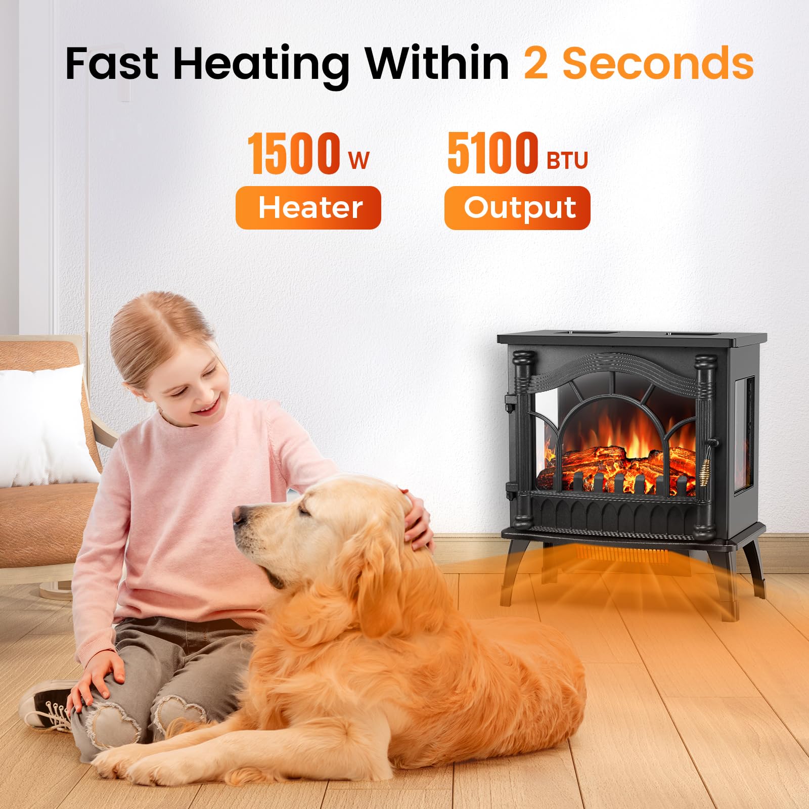 Joy Pebble Electric Fireplace Heater, 20'' Infrared Fireplace Heater 1000/1500W, 3D Realistic Flames Effect, ETL Certificated & Low Noise, Adjustable Flame Brightness, Overheating Protection