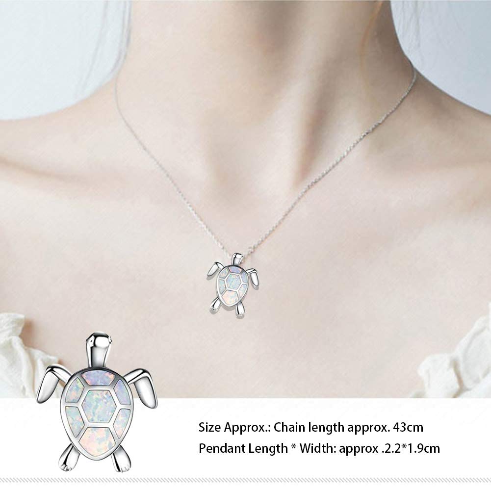Hithop Cute Turtle Pendant Necklace Lovely Animals White Fire Opal Plated Silver Necklace Jewellery Gifts (White)