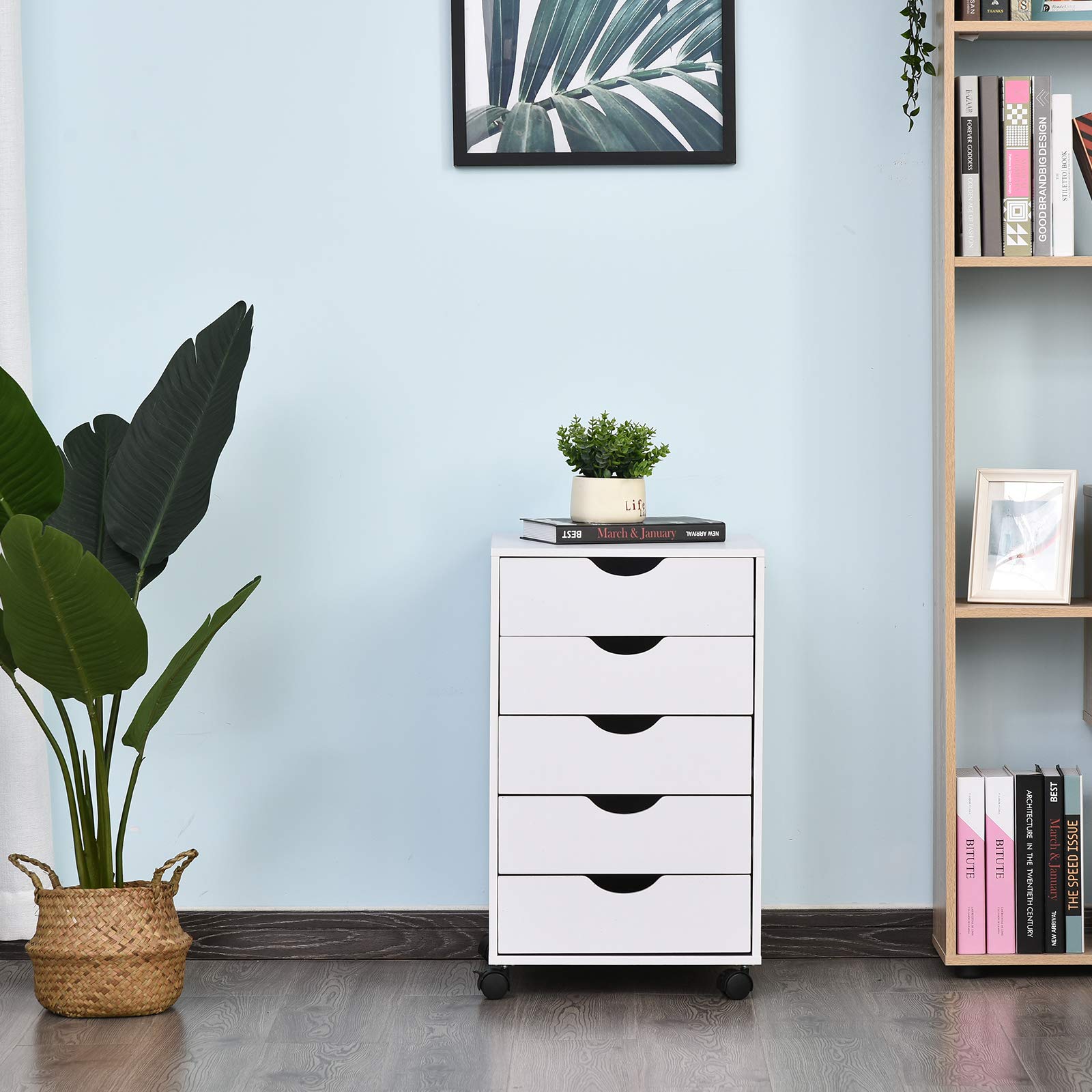 HOMCOM 5 Drawer Storage Organizer Office Cabinet with Nordic Minimalist Modern Style & Wheels, White