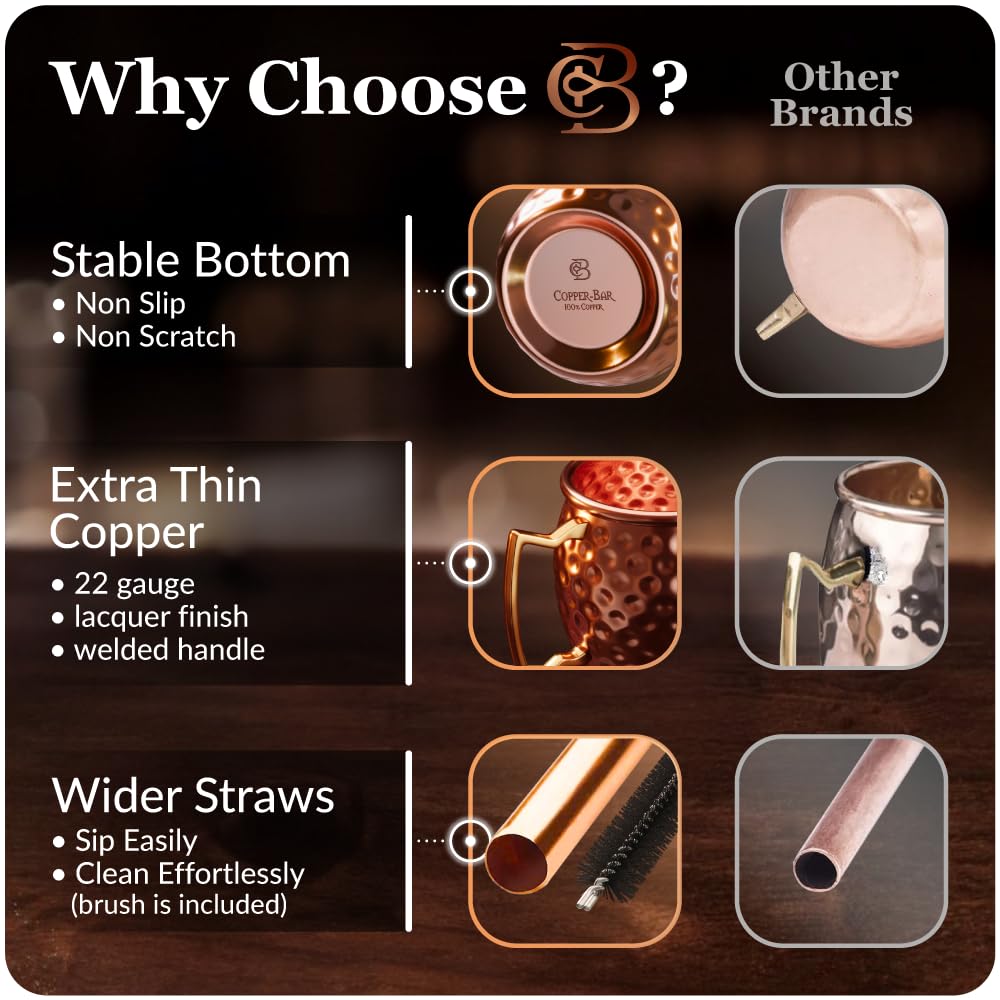 Moscow Mule Copper Mugs | Set of 4 Hammered Cups | 100% Handcrafted Pure Solid Copper | Gift Set with Cocktail Straws | Shot Glass | Coasters | Copper Stirrer & Beer Opener by Copper-Bar
