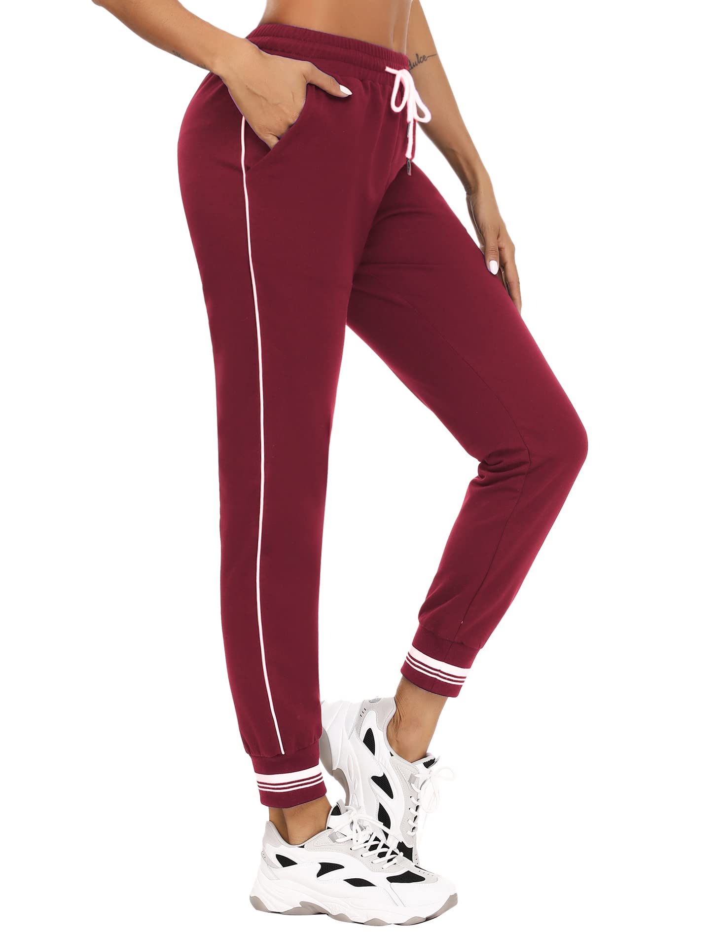 Letnewf Women Workout Sweatpants Lightweight Cotton Comfy Striped Running Joggers Lounge Pants with Pockets Red