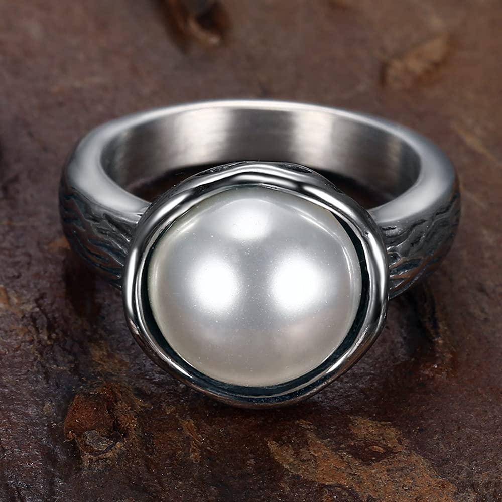 Jude Jewelers Stainless Steel Faux Pearl Solitaire Style Wedding Engagement Proposal Statement Anniversary Ring (Silver White, 10)