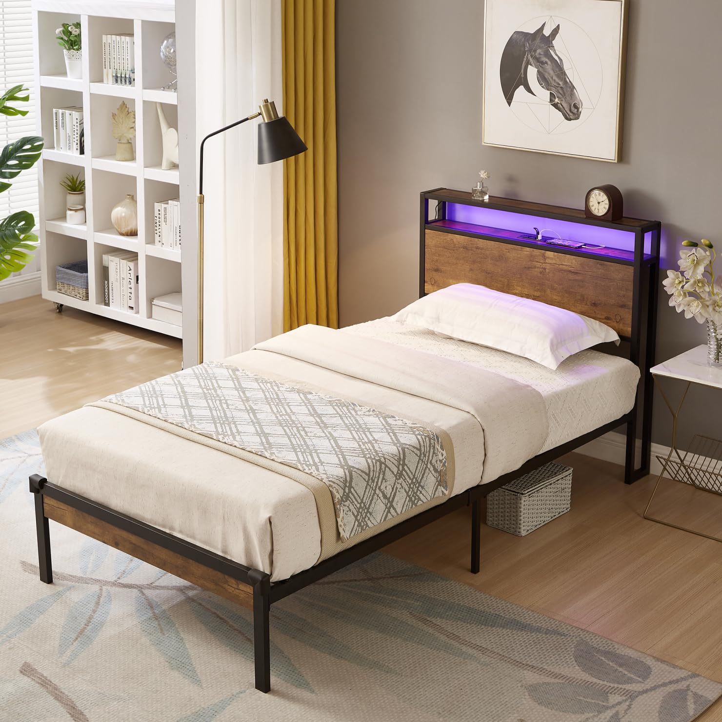 TURRIDU Twin Size Bed with USB Port & LED Lights, Metal Platform Bed Frame with Wooden Headboard & Footboard for Small Space, No Box Spring Needed, Large Under Bed Storage, Easy to Assemble, Brown