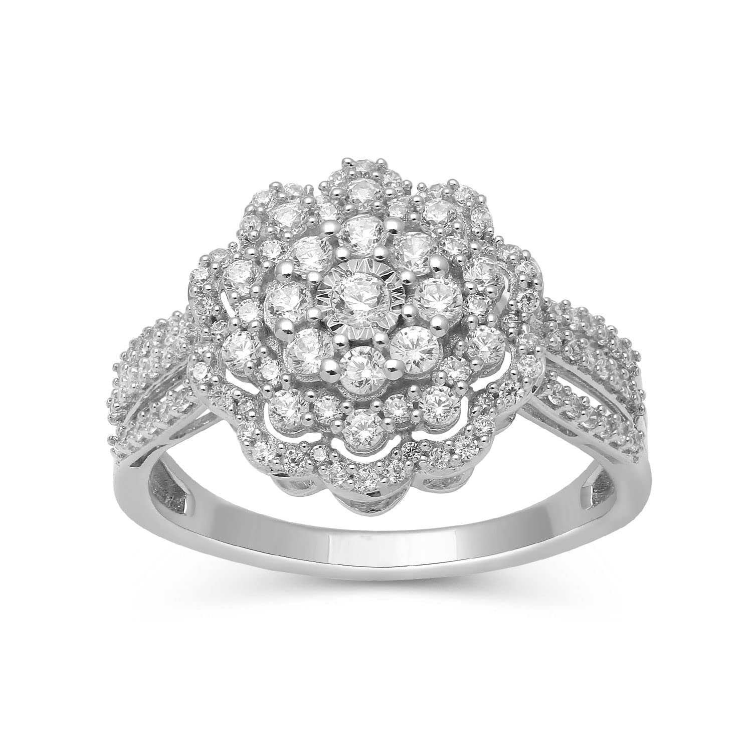 Jewelili 10K White Gold 3/4 Cttw Natural White Round Diamond Cluster Ring, Size 7
