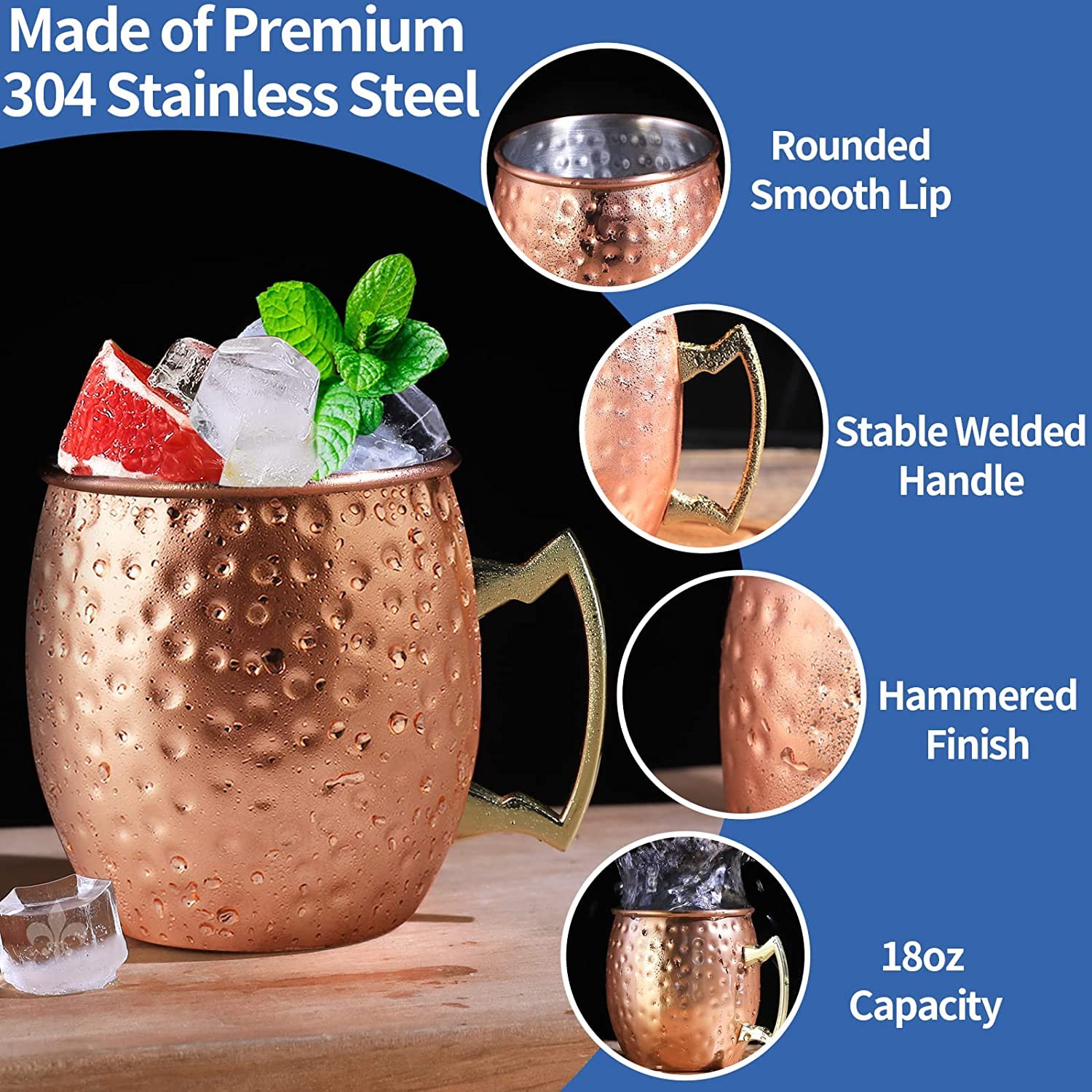 Moscow Mule Copper Mugs- Set of 8 Copper Plated Stainless Steel Mug 18oz, for Chilled Drinks (8 pcs)