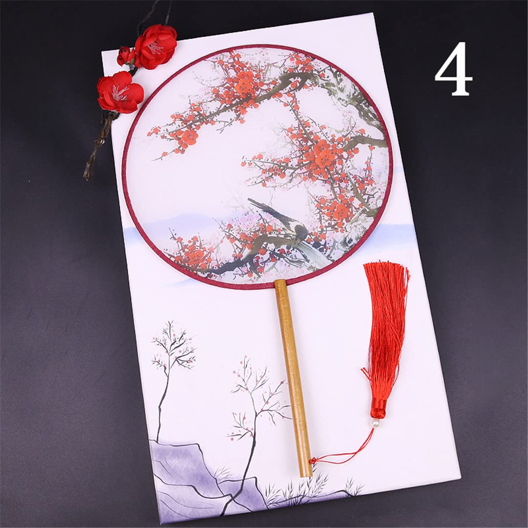 Lmtossey 1Pc Chinese Style Vintage Lady Flower Round Hand Fan Wedding Dance Handle Silk Cloth Fan