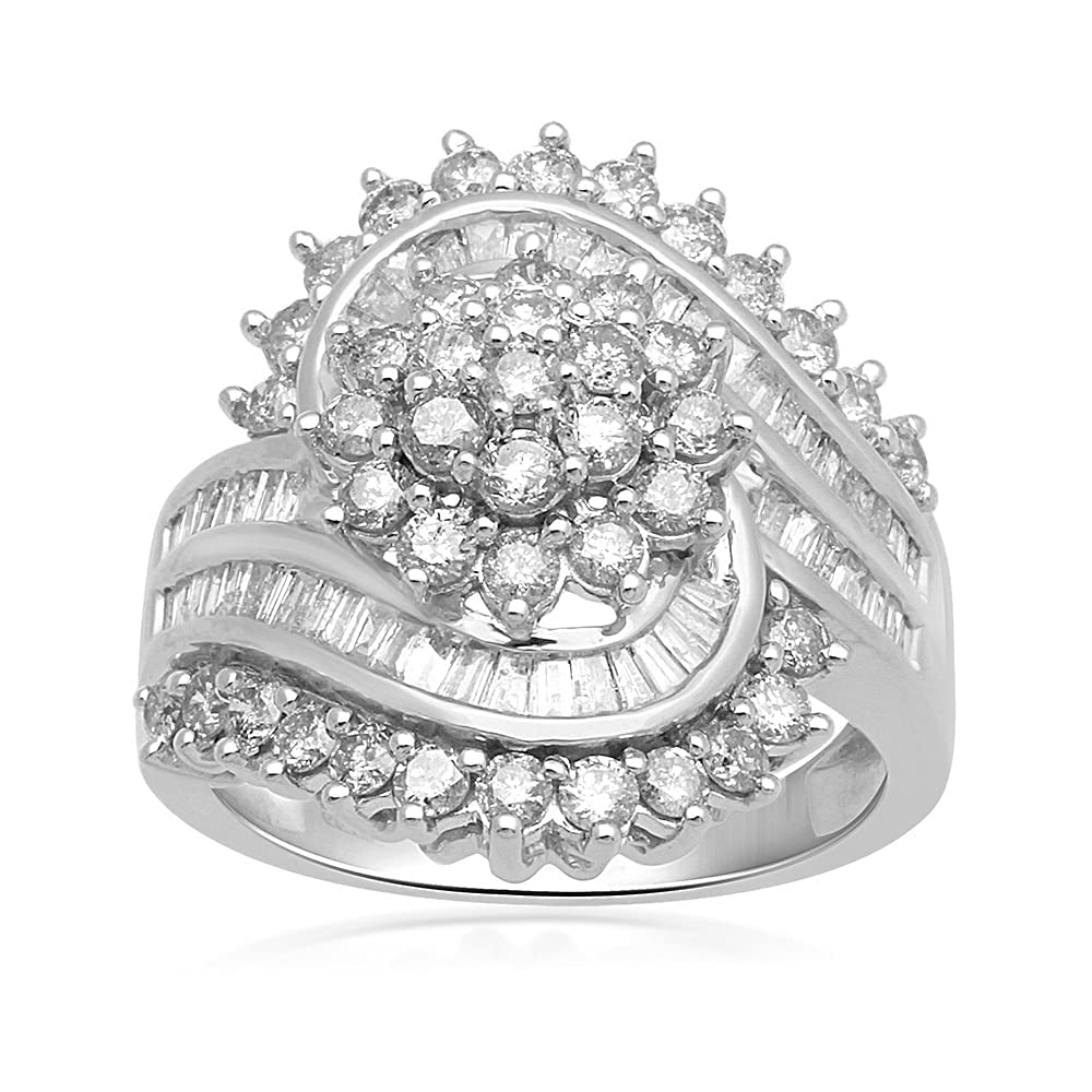 Jewelili 10K White Gold 2 Cttw Natural White Baguette and Round Diamond Cluster Ring, Size 9
