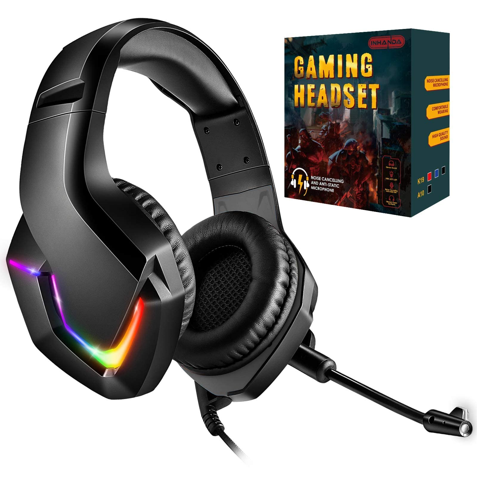 INHANDA Gaming Headset with Microphone, Compatible with PS4 PS5 Xbox One PC Laptop, Over-Ear Headphones with LED RGB Light, Noise Canceling Mic, 7.1 Stereo Surround Sound