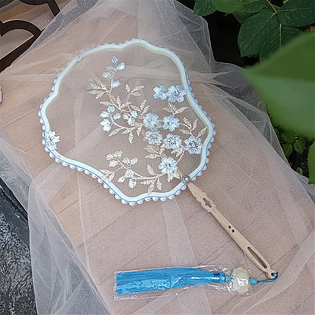 Lmtossey Chinese Traditional Embroidery Hand Fan Vintage China Ancient Costume Han Fu Dance Cheongsam Fan Long Handle Performance Props
