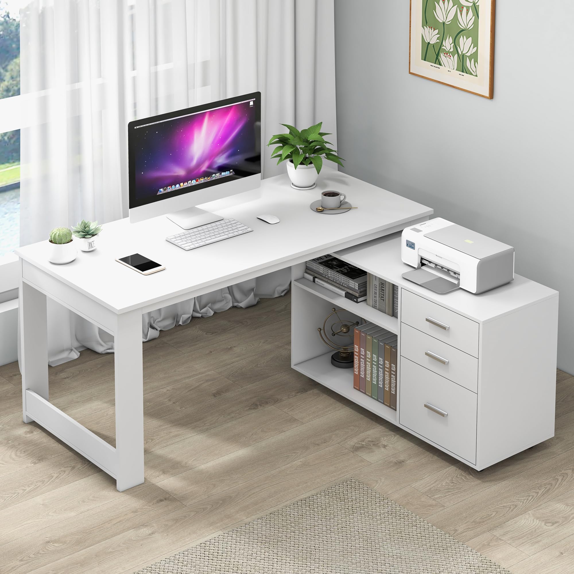 IdeaKey White L Shaped Desk with Drawers, Corner Desk with 3 Drawers and 2 Open Shelves, Computer Desk with Storage File Cabinet, Executive Desk for Home Office Workstation, Bedroom, 55 inch