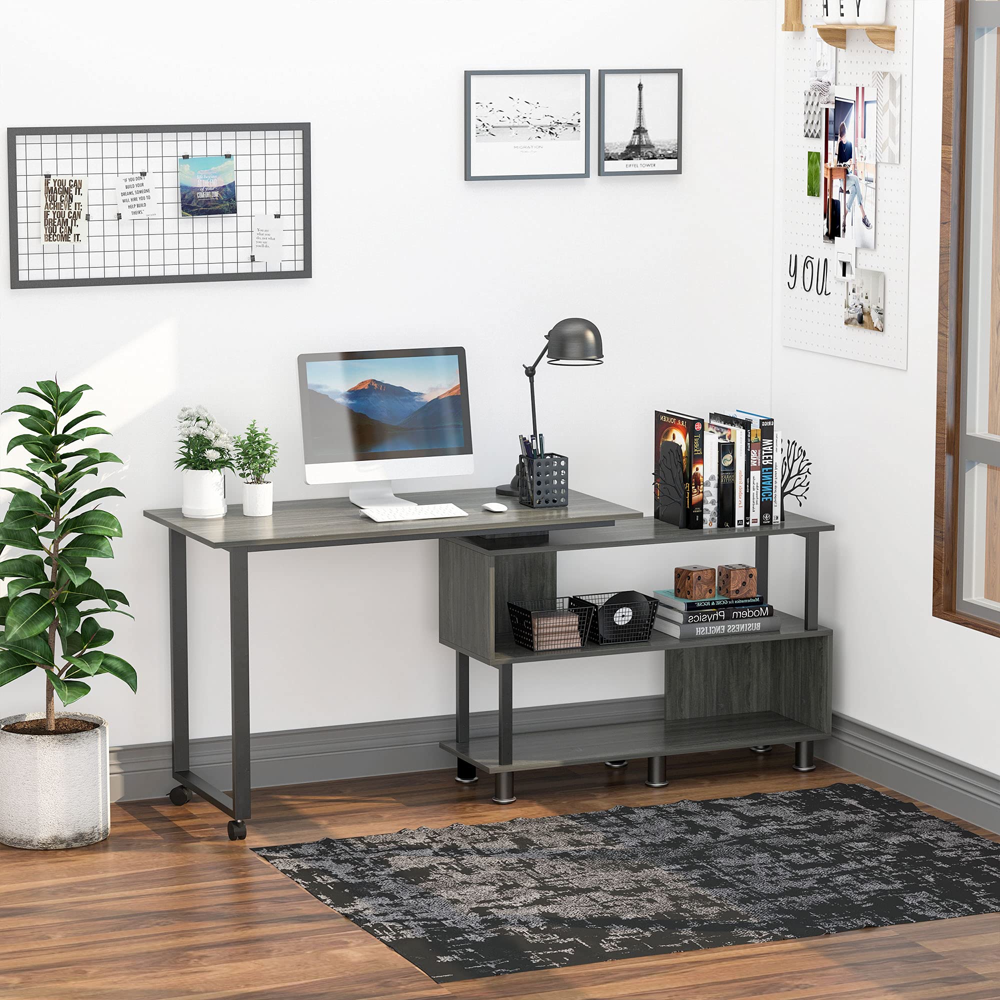 HOMCOM Mobile L-Shaped Rotating Computer Desk with Storage Shelves Moveable Rolling Writing Table Home Office Study Workstation for Home Office, Grey