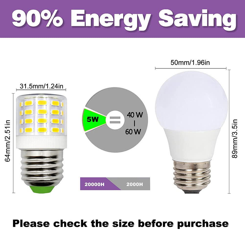 LED Refrigerator Light Bulb 5W 85V-265V Replacement 40W-60W Halogen Bulbs, Compact Bright E26 Medium Base Corn Lamp for Freezer Fridge Home Lighting, A15 T10 Tubular Daylight White 5000K, Pack of 1