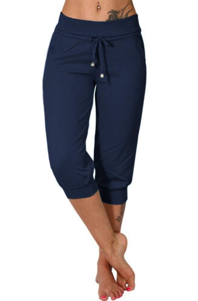 Langwyqu Womens Capri Yoga Pants Loose Comfy Lounge Pajamas Workout Athletic Capris with Pockets Navy Blue