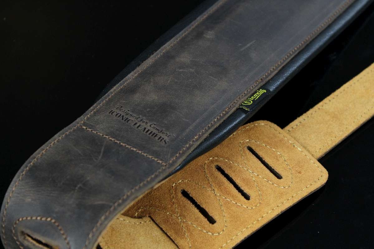 Iconic Leathers 3.25" Wide Lightly Distressed Dark Brown Dual Padded Leather Guitar and Bass Strap IL-5DBrn