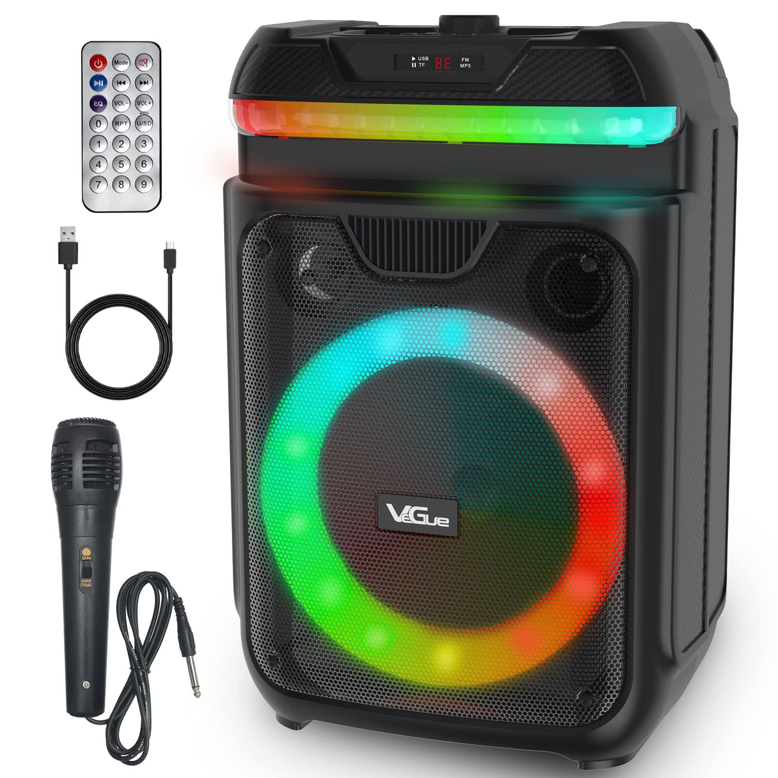 Karaoke Machine with Wireless Microphone, VeGue Portable Bluetooth Speaker with Colorful LED Light, REC, Remote Control, FM Radio, Supports AUX/USB/TF Card, Ideal for Home Karaoke, Party (VS-0803BL)