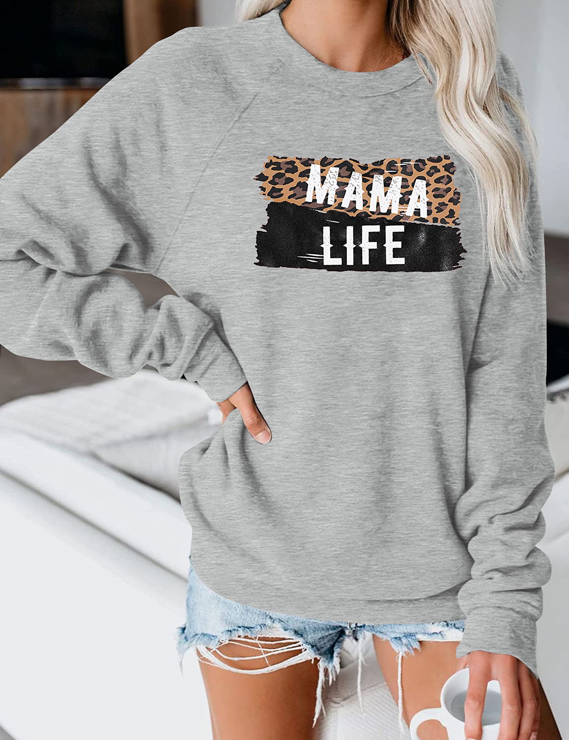 JINTING Mama Life Sweatshirt Women Leopard Mom Saying Top Tee Mother Gift Lightweight Pullover Long Sleeve Blouse