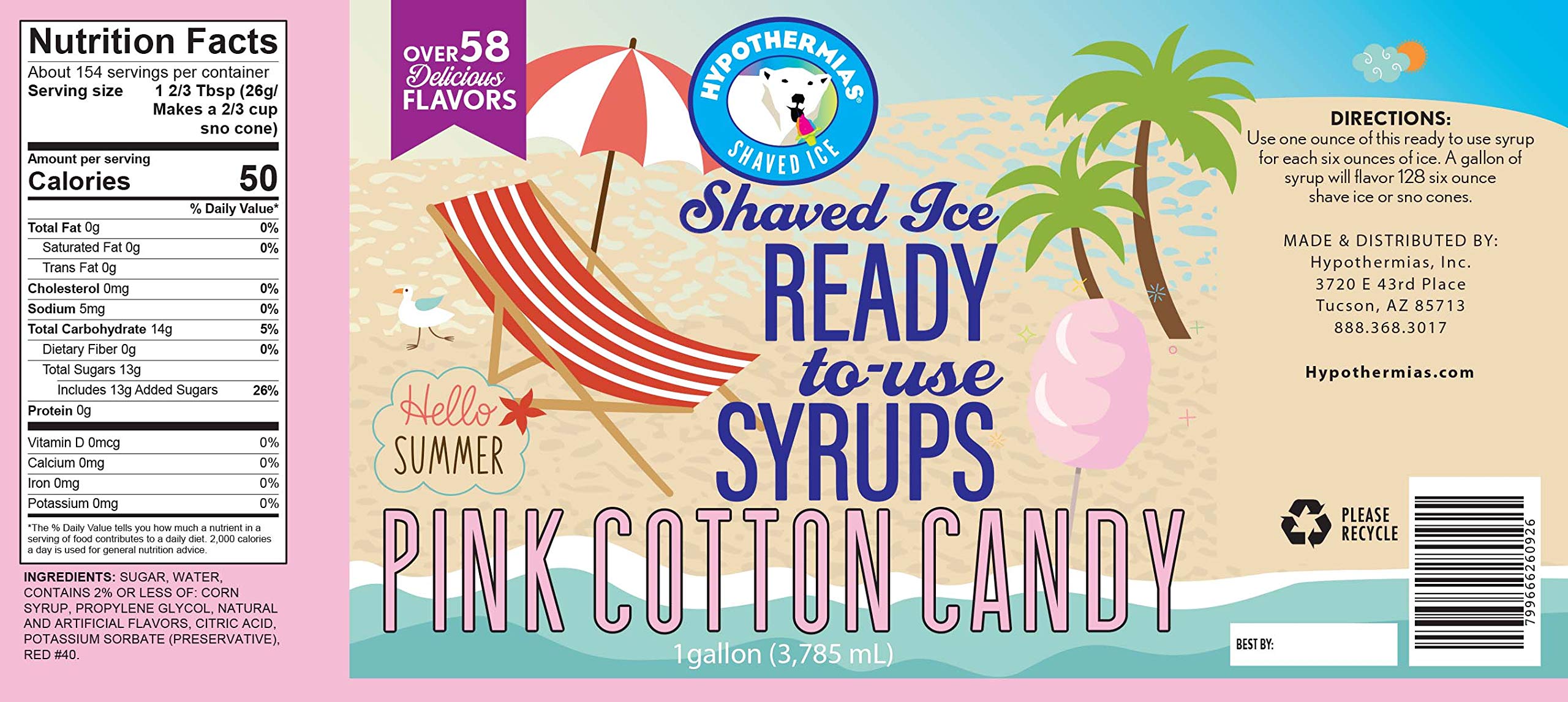 Hypothermias Pink Cotton Candy Ready to Use Gallon (128 Fl. Oz) Hawaiian Snow Cone Flavors Syrup - Shaved Ice, 100% Pure Cane Sugar