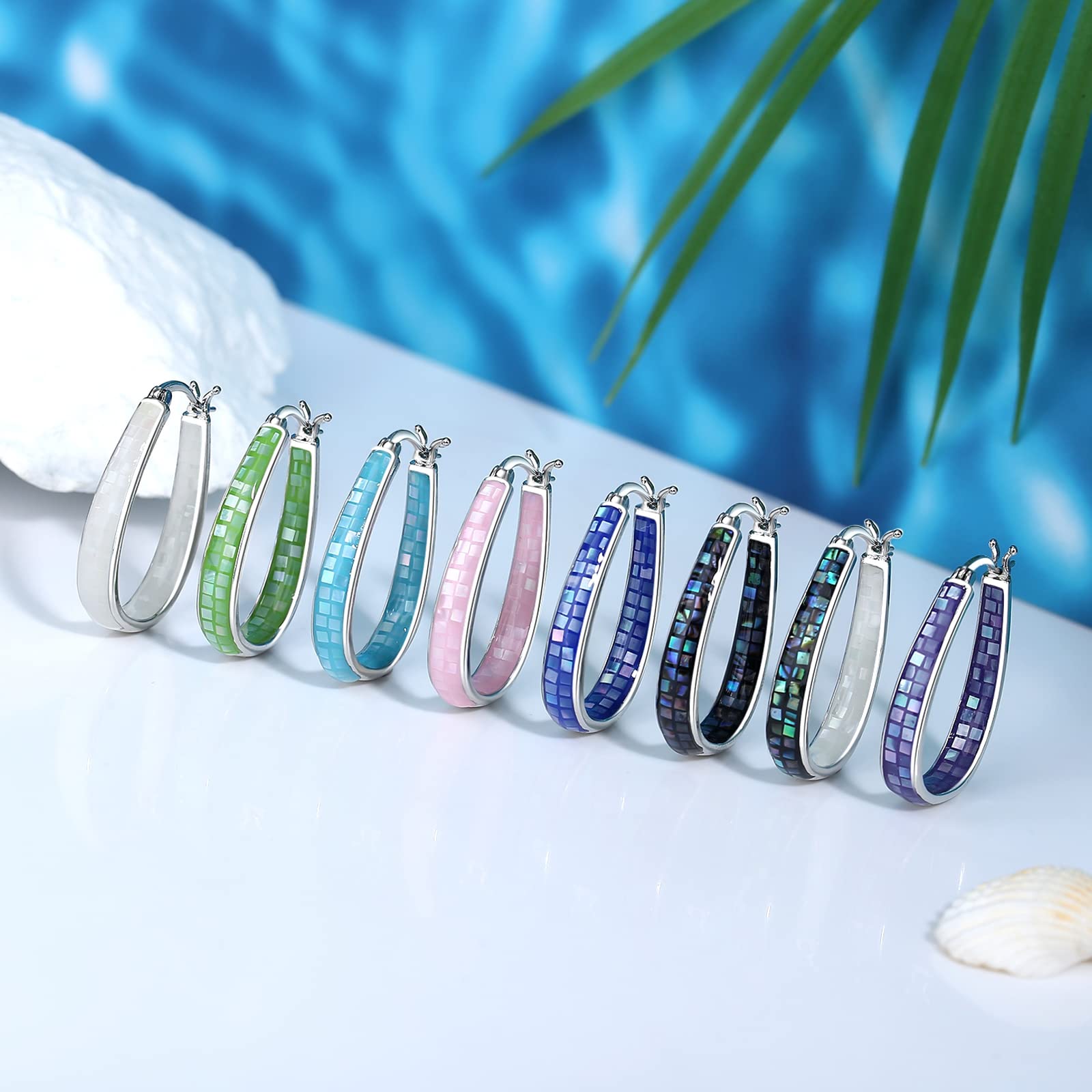 MUYUU Rhodium Plated Oval Inside Out Abalone Shell Hoop Earrings For Women Fashion Jewelry Gift