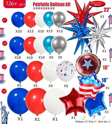 kozee Red White and Blue Patriotic balloon garland arch kit 136pcs with starburst star print balloons for july 4 Memorial day decorations