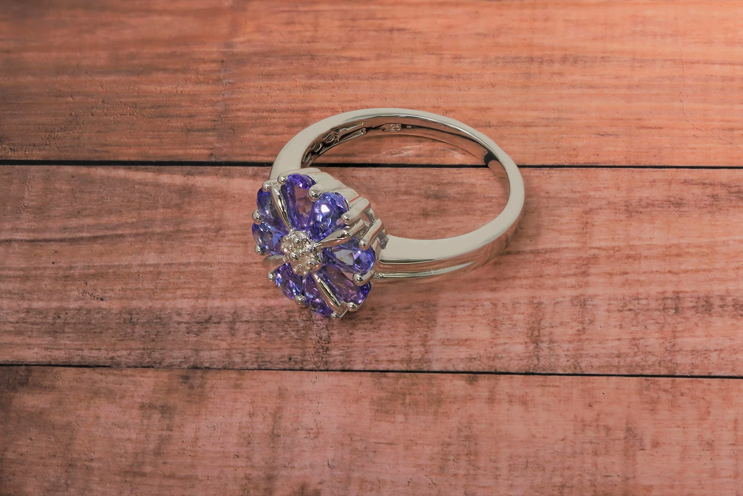 KOKAV 925 Sterling Silver Pear Shape Tanzanite Diamond Accent Flower Ring, Size 8