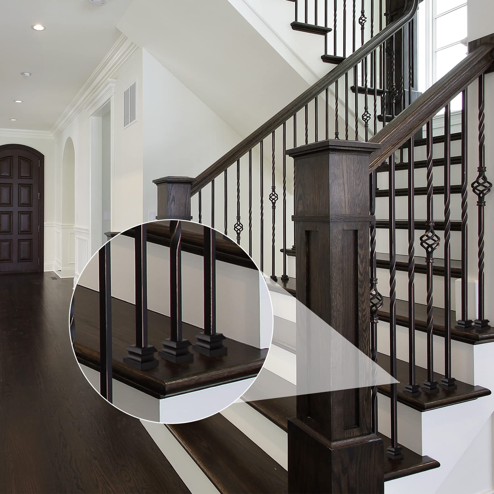 Iron Baluster Shoes Stair Flat Shoe with Screw for 1/2 Inch Square Scroll Basket Twist Knuckle Staircase Balusters Metal Spindle Railing, Satin Black (96 Pcs)