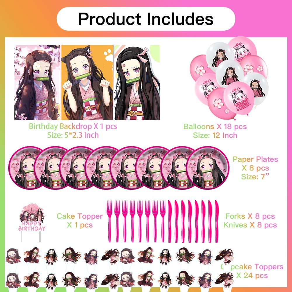 Nezuko Party Supplies Birthday Decorations Demon Slayer Plates Banner Cake Toppers Decor