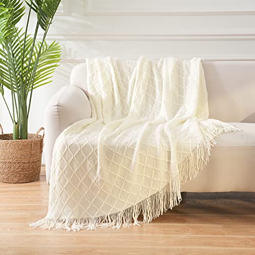 Yastouay Knitted Throw Blankets Soft Cozy Knit Blanket with Tassel Lightweight Breathable Fleece Blanket Decorative Blanket for Couch, Bed, Sofa, Travel and Farmhouse, 50"x60", Off White