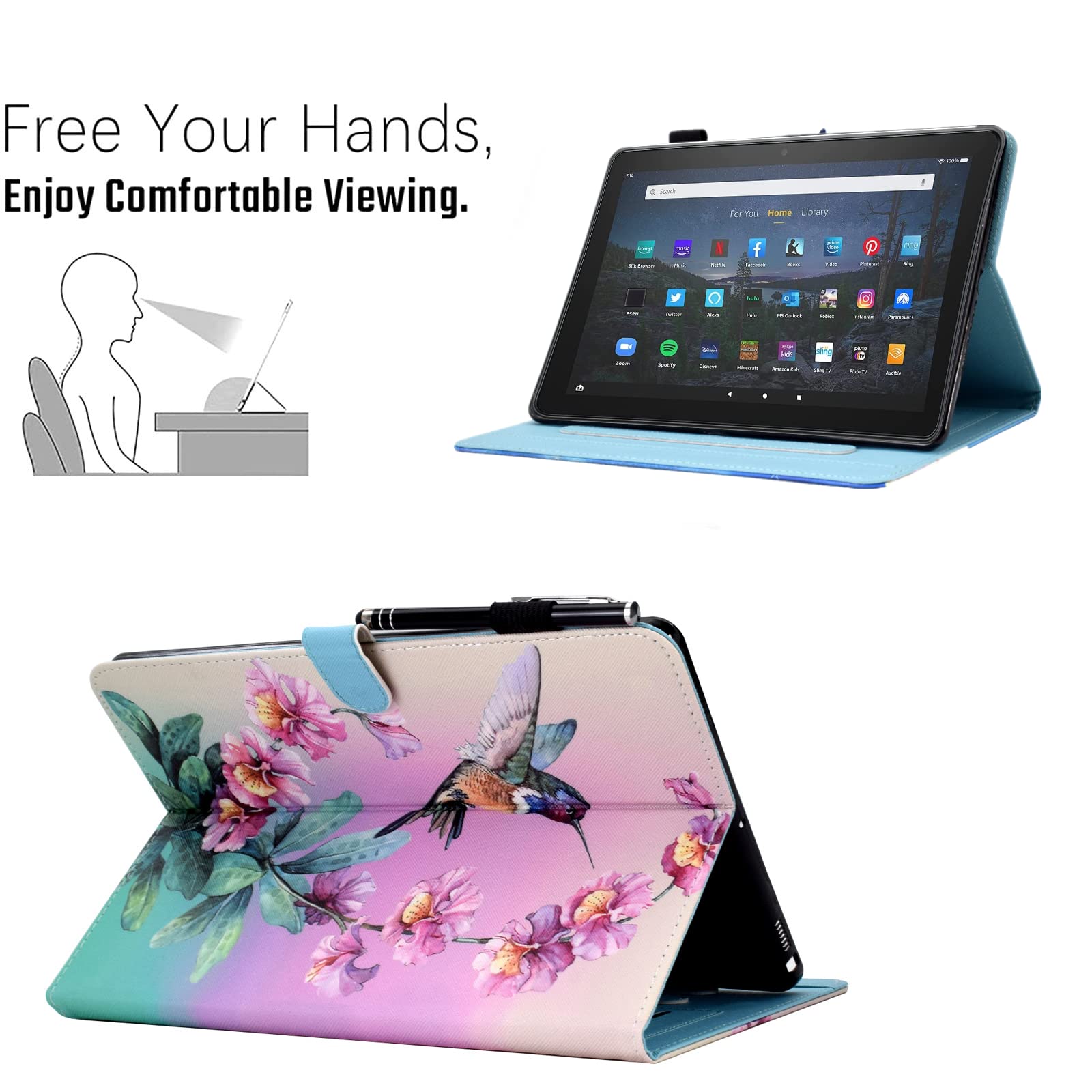 KEROM Case for Fire HD 10 & 10 Plus Tablet (11th Generation, 2021 Release), PU Leather Folio Cover Folding Stand Case for Fire HD 10.1 inch Tablet 2021, with Auto Sleep Wake