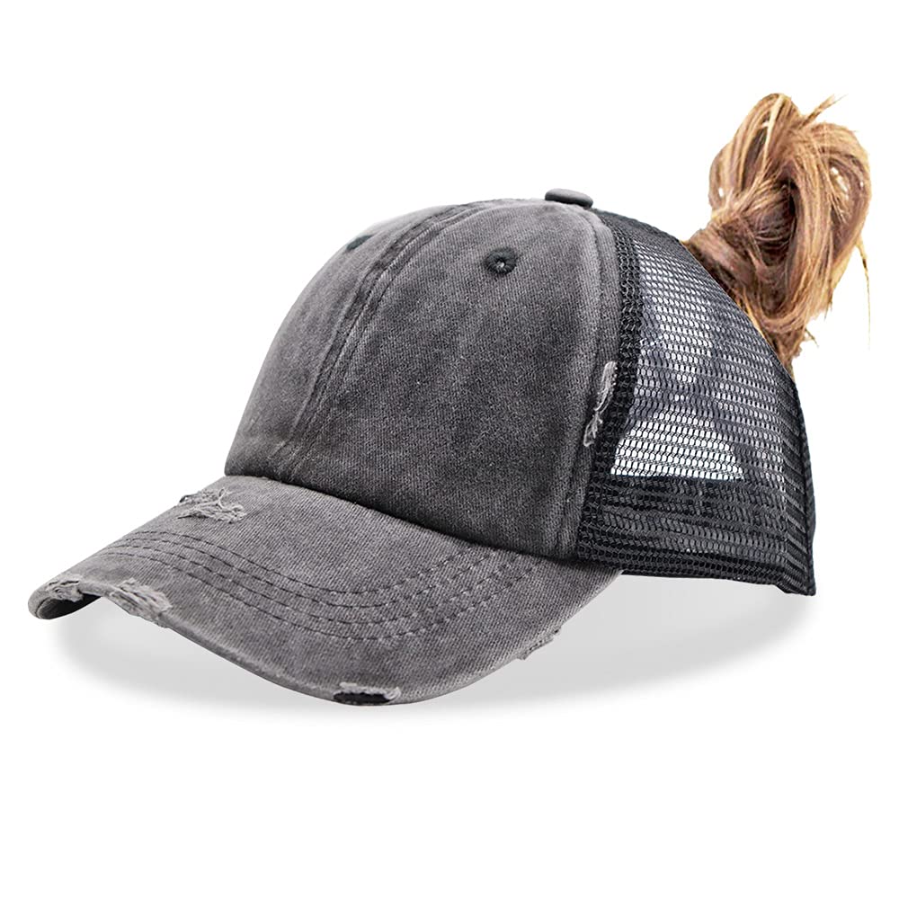 KKMKSHHG Ponytail Baseball Cap for Womens, Adjustable Vintage Trucker Washed Denim Dad Hat, Distressed High Mesh Messy Bun Velcro Ponycap