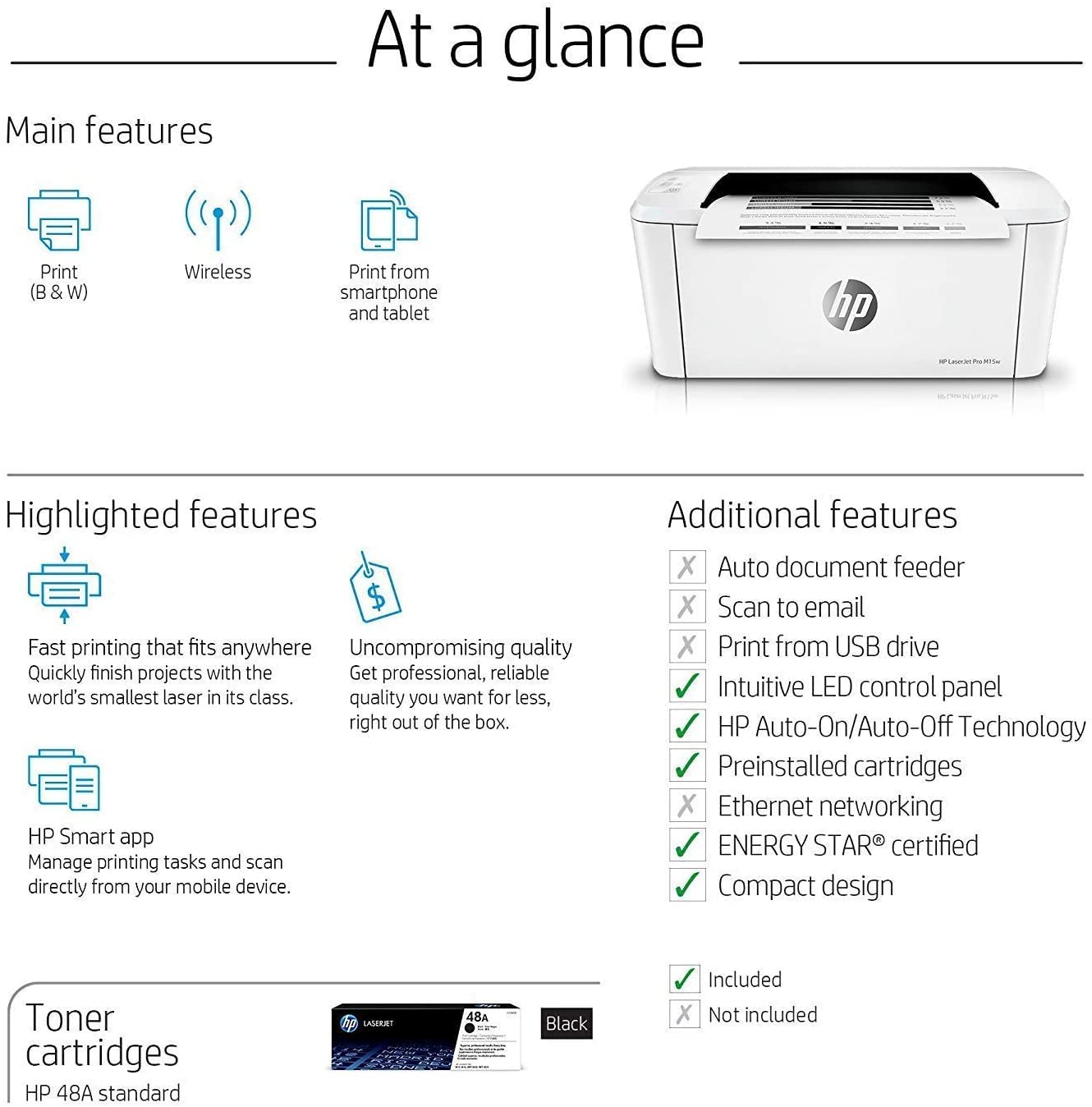 HP Laserjet Pro M15w Wireless Laser Printer, Compatible with Alexa (W2G51A), Print Scan Copy Fax,auto-on/auto-Off Technology,Ahaghug Printer Cable.