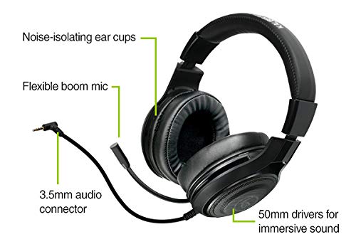 IOGEAR Kaliber NUKLEUS Gaming Headset - Xbox One S/Xbox One - PS4 - PC/Mac & Mobile Devices - 50mm Drivers - Built-in Volume Control - 3.5mm 4-Pole Stereo Plug - Includes Y Adapter for PCs - GHG601 , Black