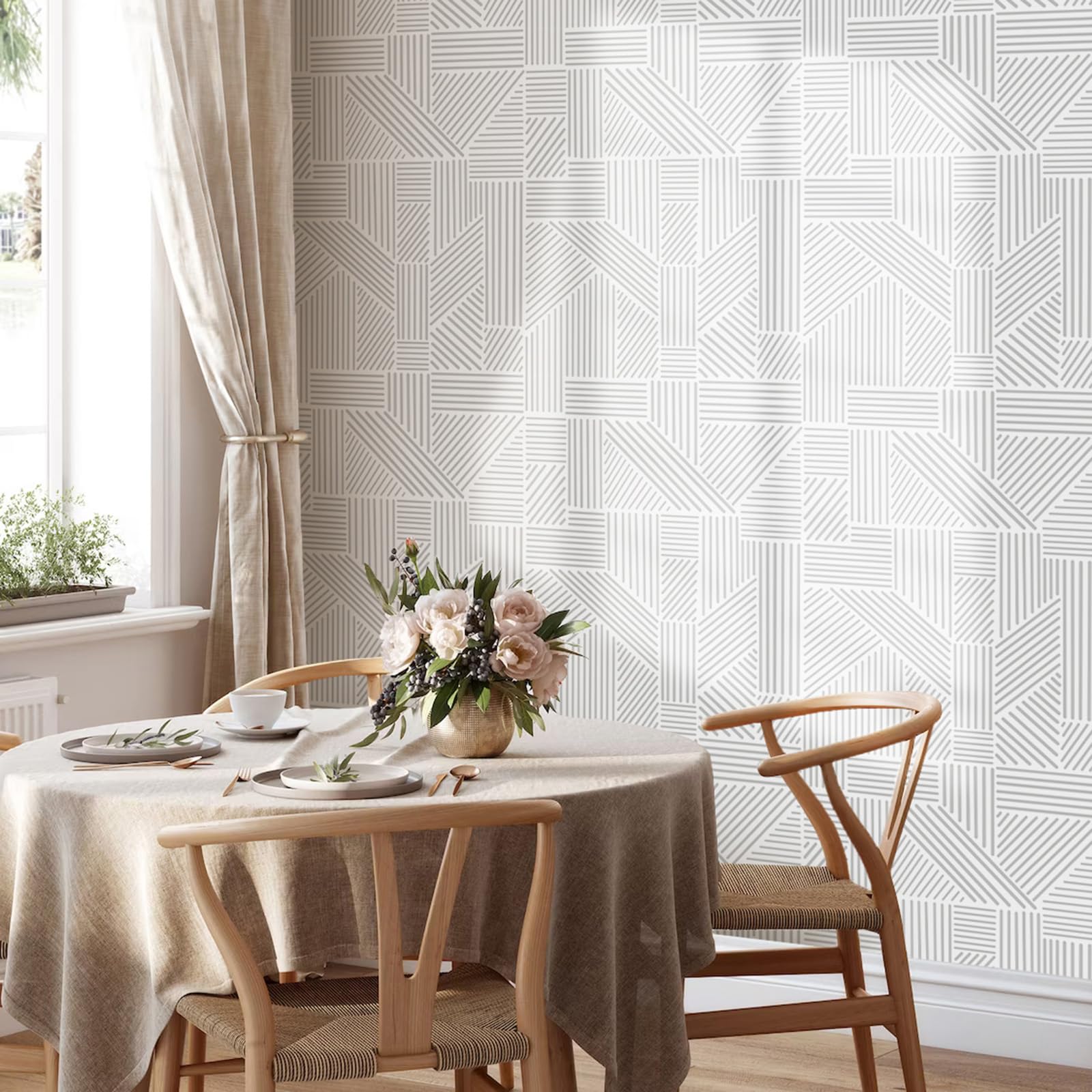 Tomete Gray and White Wallpaper Geometric Wallpaper Peel and Stick Wallpaper Boho Modern Geometric Contact Paper for Cabinets Removable Line Bathroom Wallpaper Waterproof Self-Adhesive17.3βΓ393β