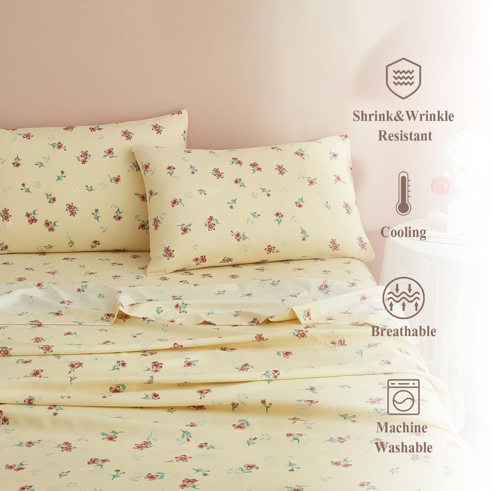 HIGHBUY Extra Deep Pocket Full Sheets - 4 Piece Floral Sheets Bed Sheets Fit 16 Mattress - Luxury Soft Cooling Sheets Fitted Sheets Full Size,Deep Pocket Full Sheets,Yellow Floral Bed Sheets