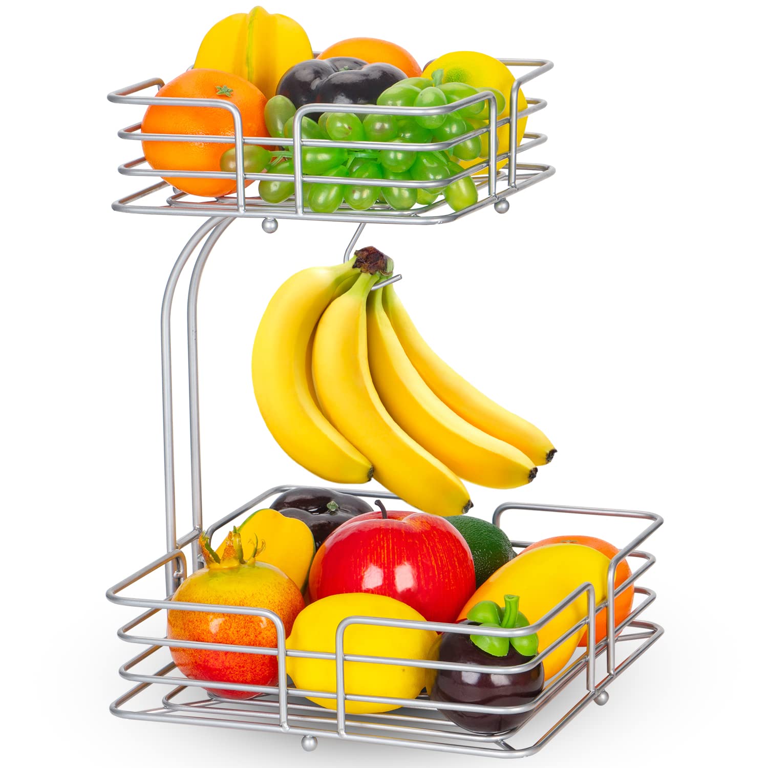 Kufutee 2 Tier Countertop Fruit Basket,Vegetables Bowl Storage With Banana Hanger,Sliver