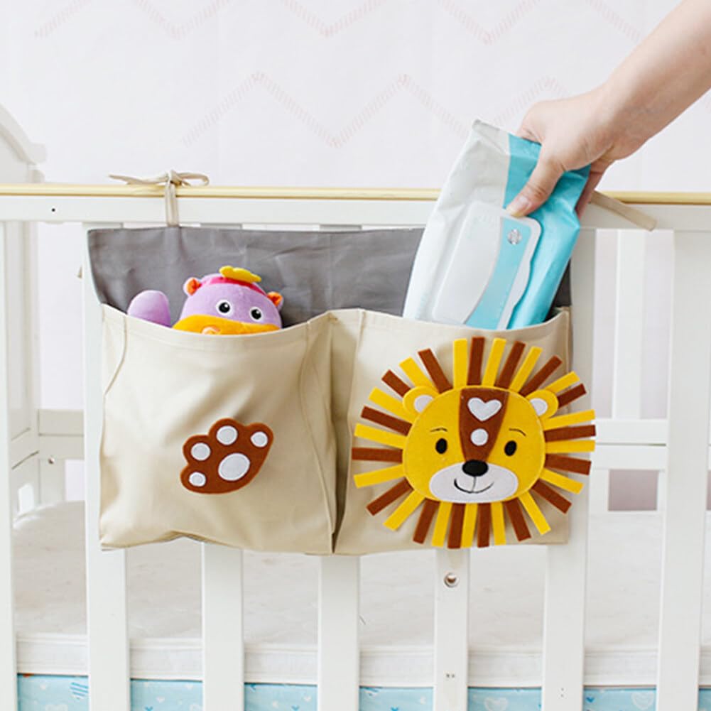 KOFABID 2 PCS Baby Hanging Diapers Toys Caddy Organizer for Crib, Baby Bedside Storage Bag 2 Pockets for Changing Table (Beige)