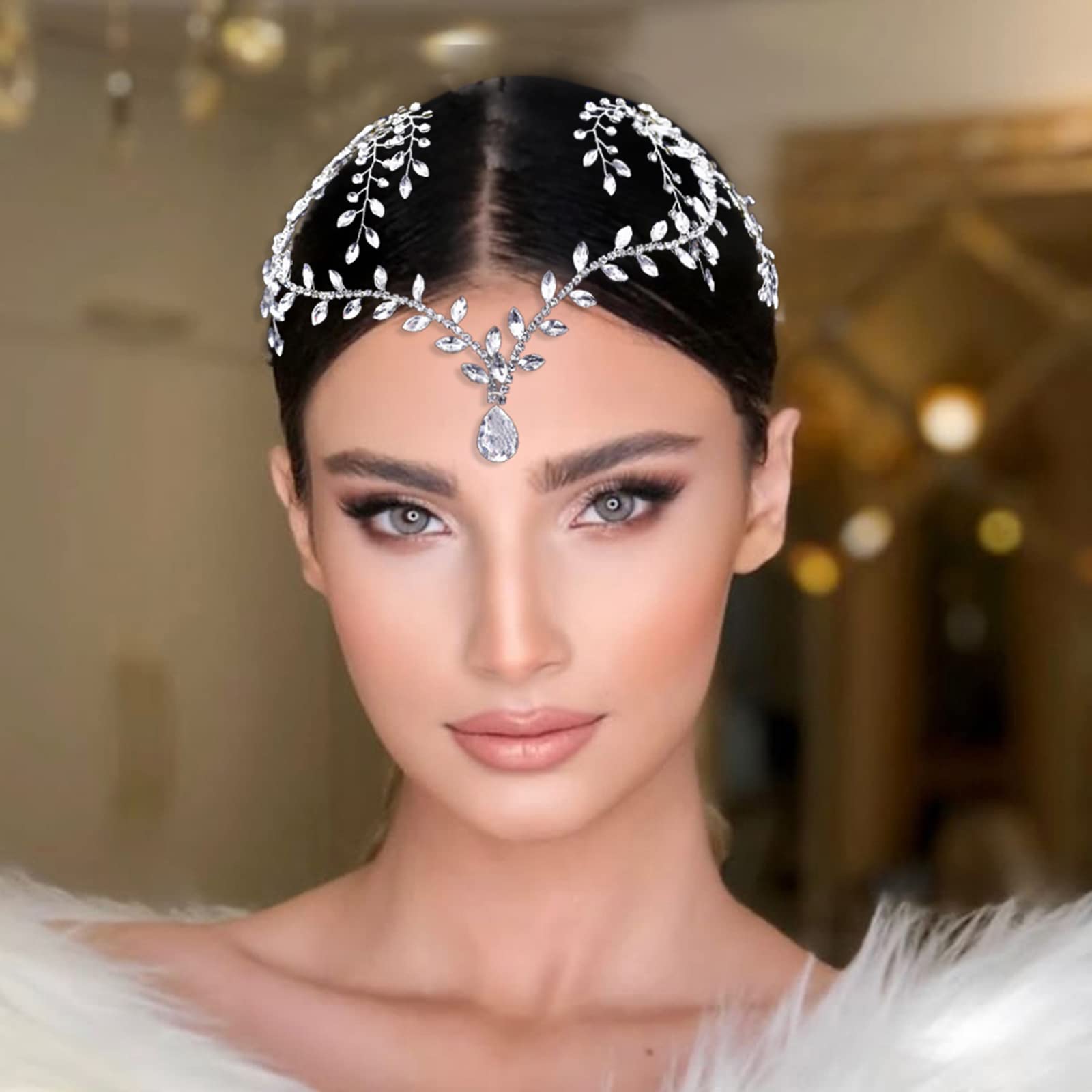 LOVFOIVER Bridal Headpieces for Wedding, Rhinestone Forehead Headband Hair Accessories for Bride