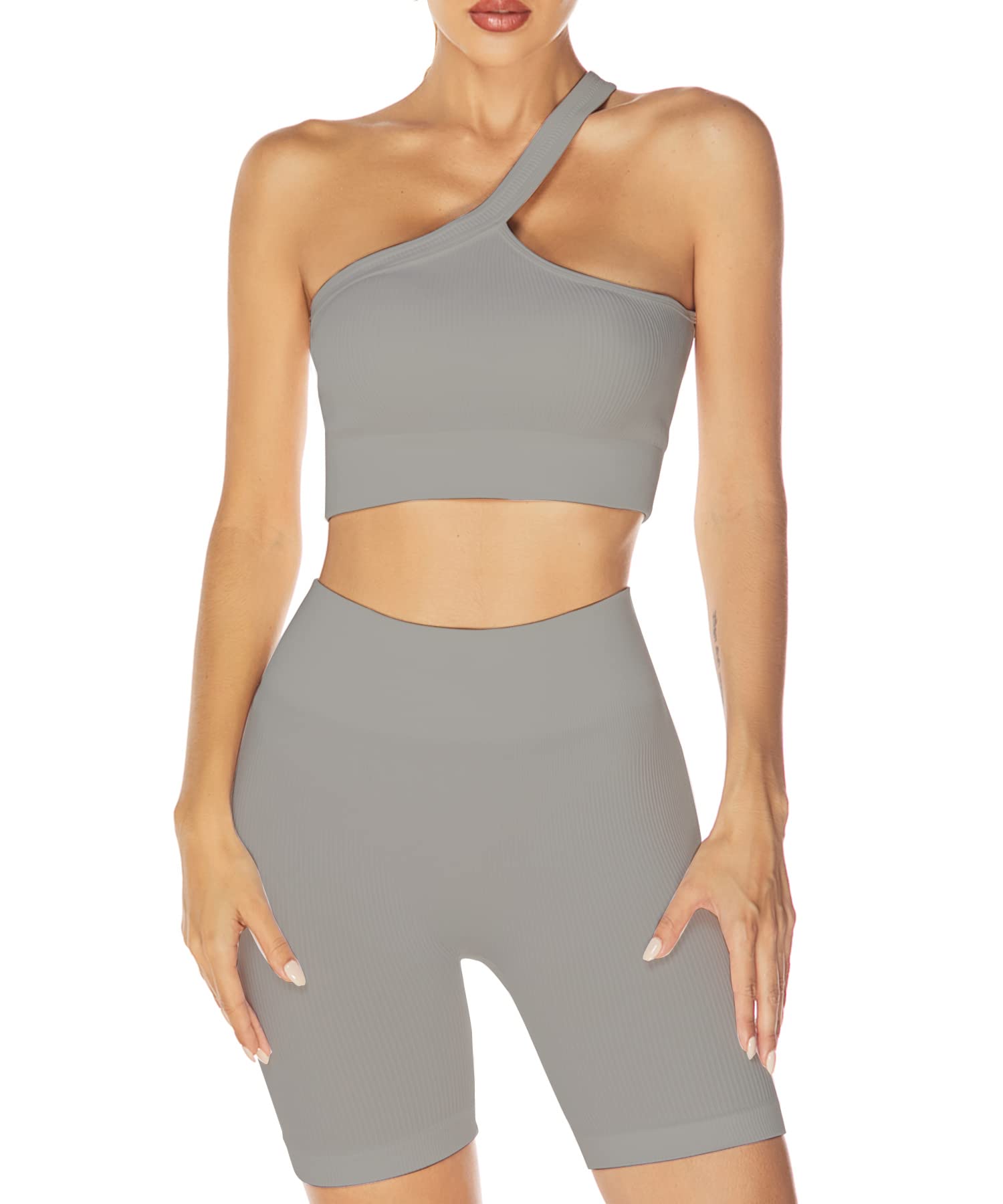 Mejialaa Workout Sets for Women 2 Piece Ribbed Seamless One Shoulder Bra Biker Shorts Yoga Gym Active Outfits Grey M